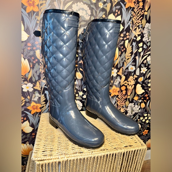Hunter | Shoes | Hunter Womens Refined Gray Rubber Glossy Quilted Tall ...